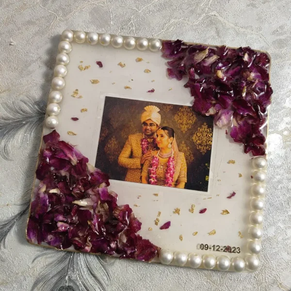 White Varmala Couple Photo Frame with Pearls | 8 Inch Resin Frame